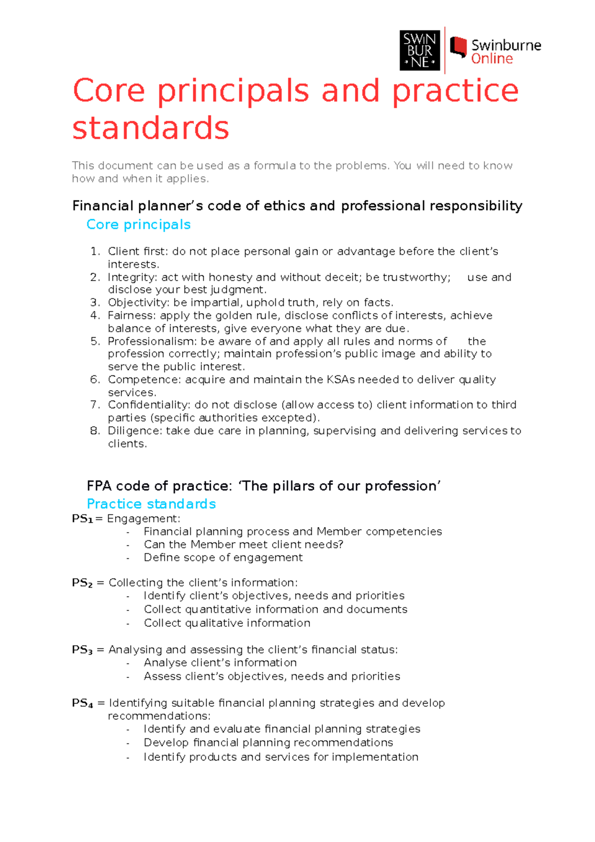 Fin 2000 15 Core principles and practice standards - Core principals ...