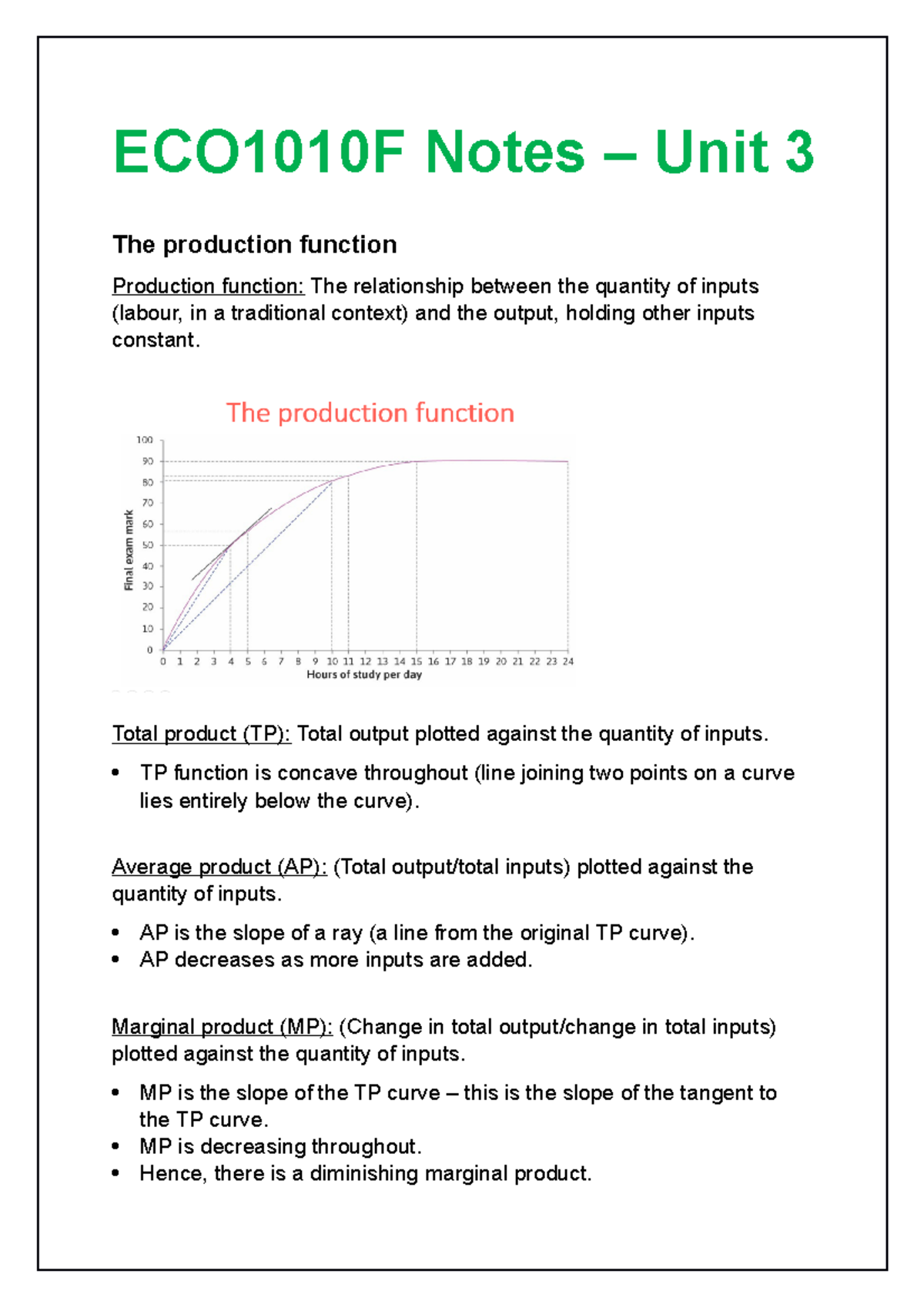 Macroeconomics I (ECO1010F) Unit 3 Summary Notes - The production ...