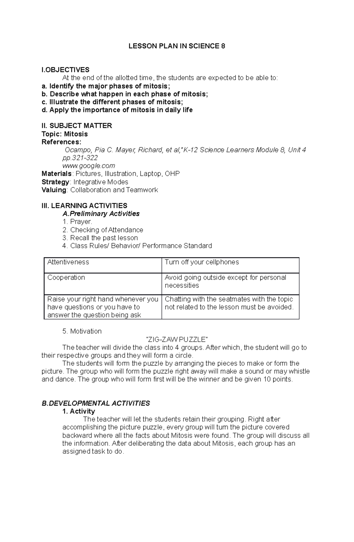 Lesson PLAN IN Science 8 Mitosis - LESSON PLAN IN SCIENCE 8 I At the ...