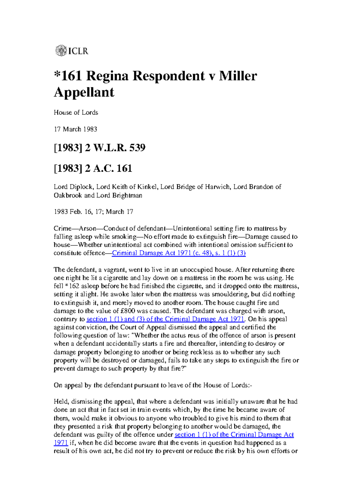 ~tmp29 Miller (1983) Criminal law - *161 Regina Respondent v Miller ...