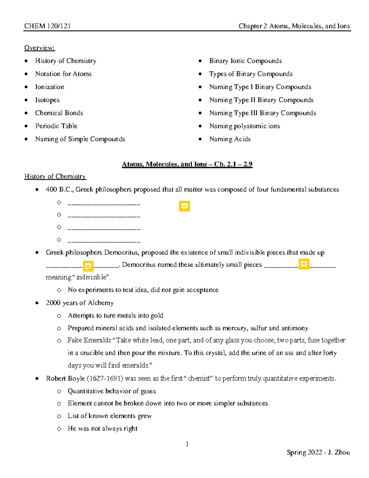 Chapter 2 Atoms, Molecules, and Ions (Blank) - 1 Overview: History of ...