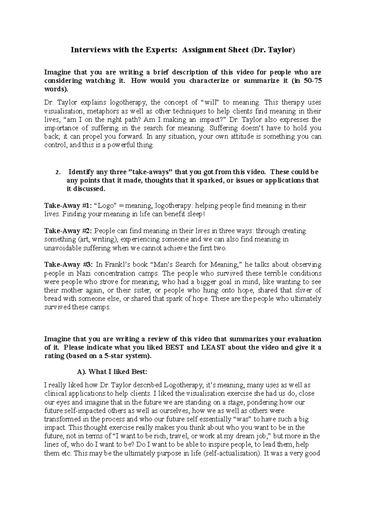 Interviews with Experts Reflection Sheet Assignment 6 – Dr. Taylor ...