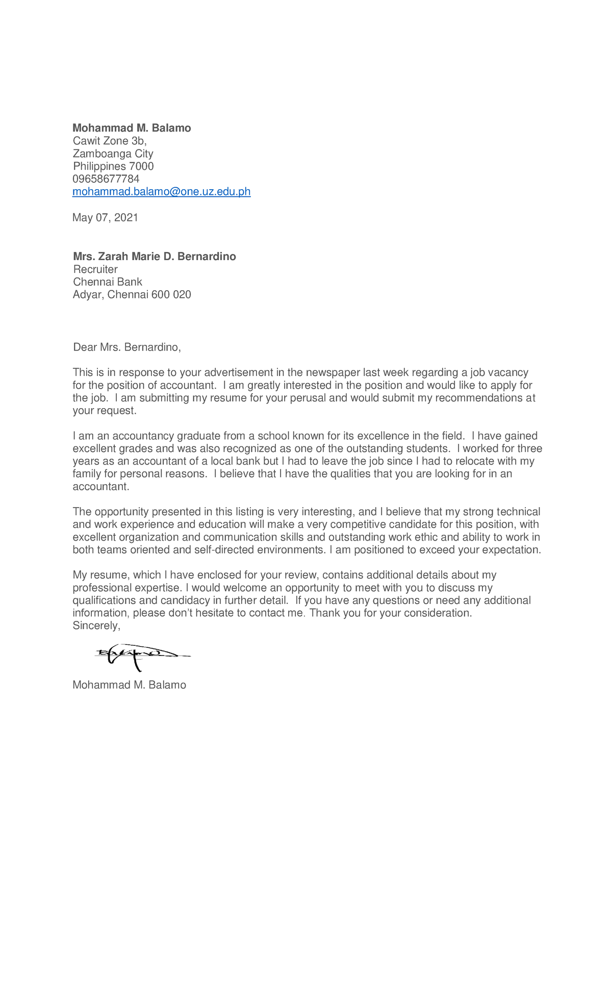 Sample Application Letter Mohammad M Balamo Cawit Zone 3b Zamboanga
