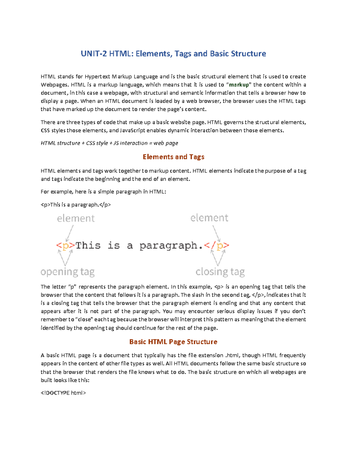 UNIT-2 E Commerce BBA - unit 2 - UNIT-2 HTML: Elements, Tags and Basic Structure HTML stands for ...