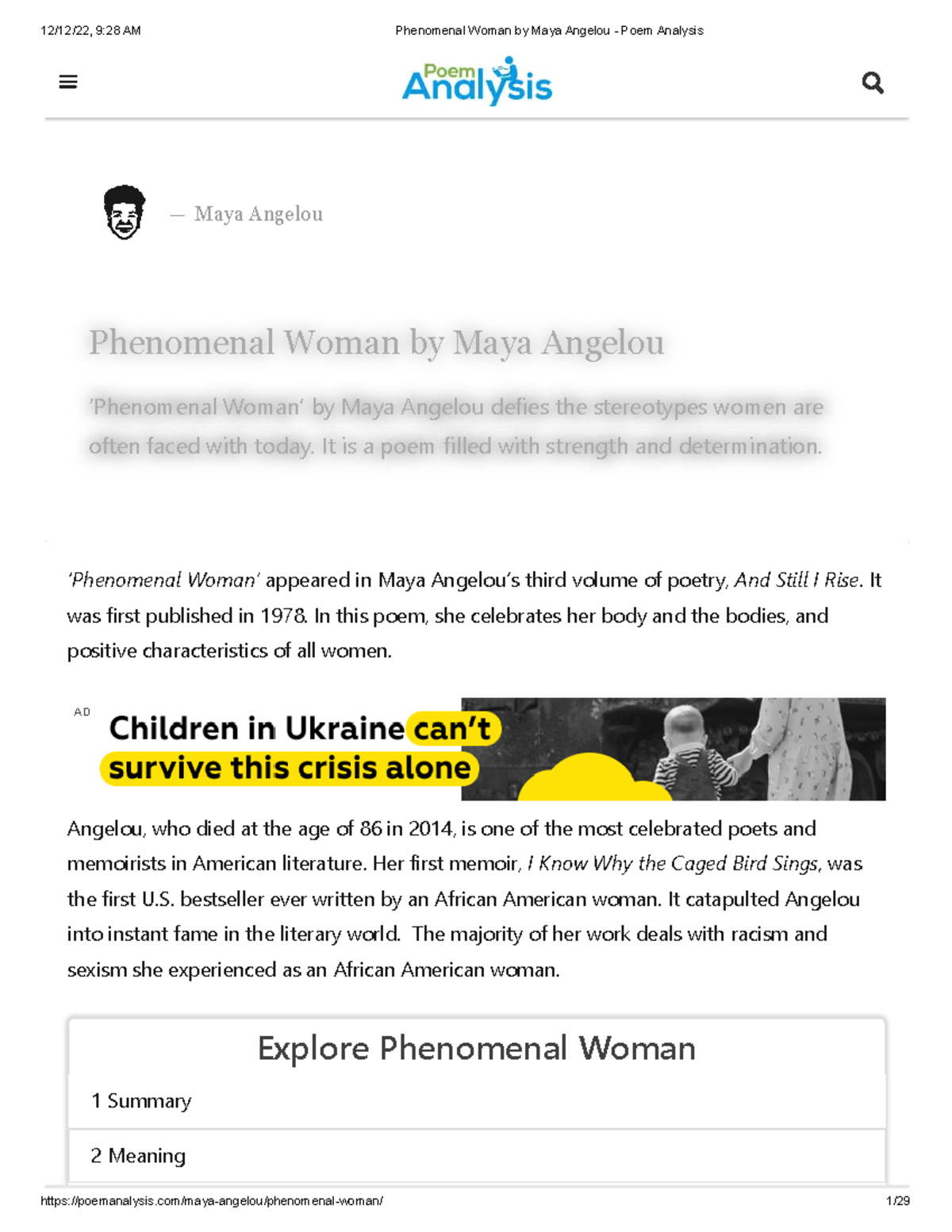 1- Phenomenal Woman by Maya Angelou - ‘Phenomenal Woman’ appeared in ...