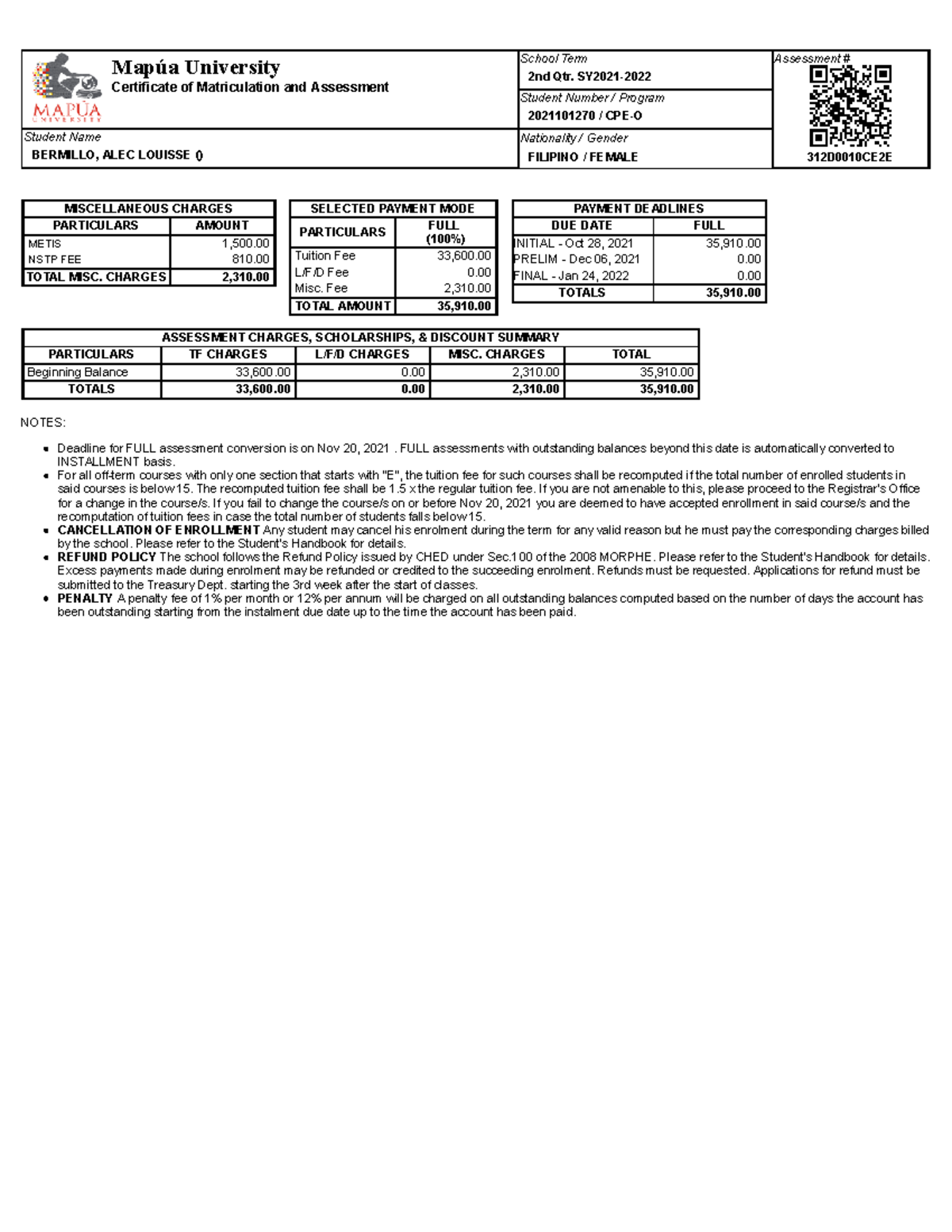 Bermillo-my Mapúa -ECM - Mapúa University Certificate of Matriculation ...