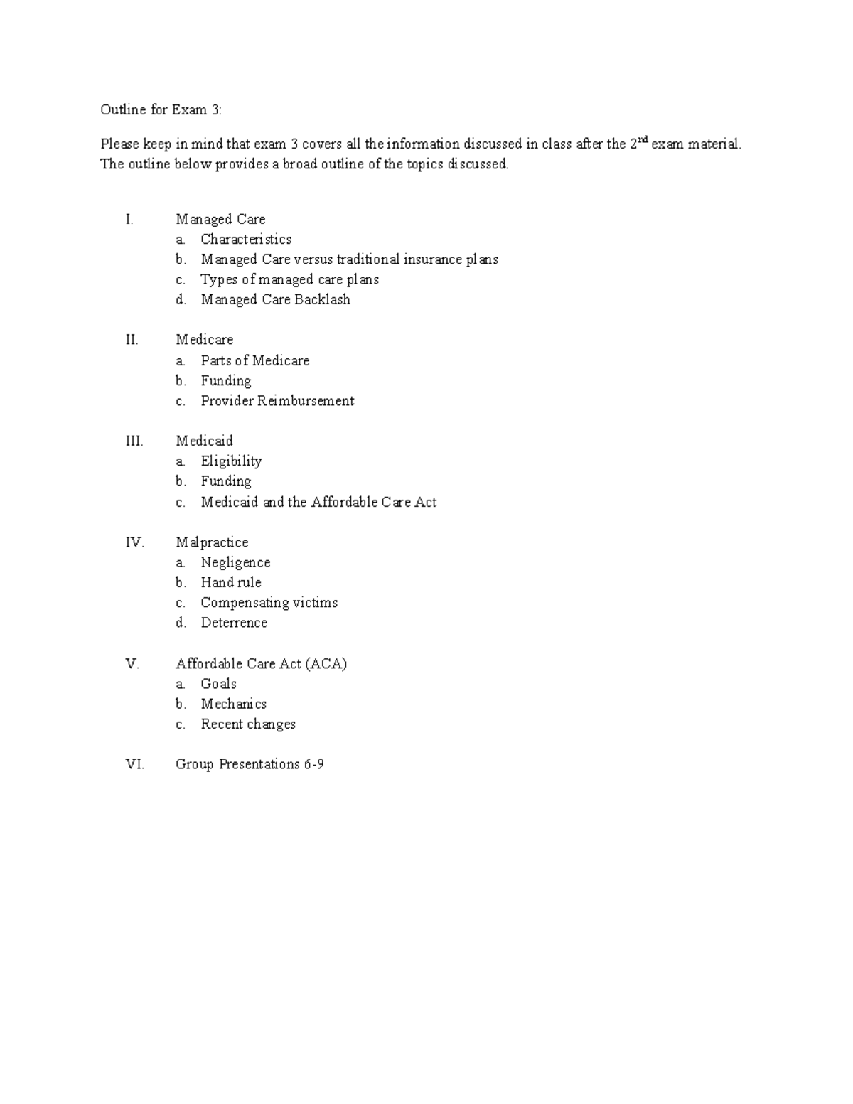 Outline for Exam 3 Spring 2024 - Outline for Exam 3: Please keep in ...