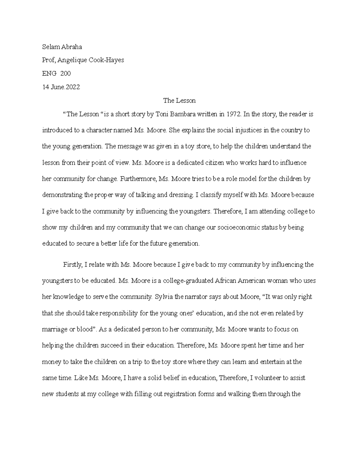 Lesson - Selam Abraha Prof, Angelique Cook-Hayes ENG 200 14 June. The ...