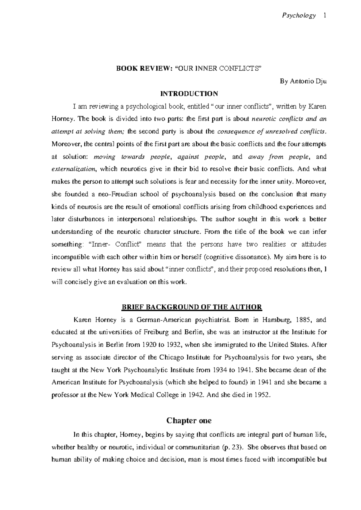 Our inner Conflicts - Psychology 1 BOOK REVIEW: “ OUR INNER CONFLICTS ...