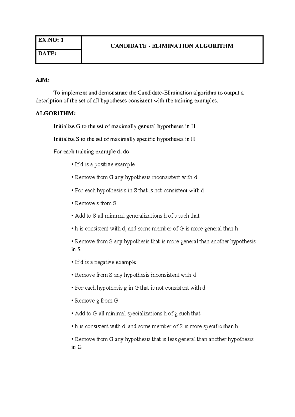 Ml Lab Manual1 9 Ex 1 Candidate Elimination Algorithm Date Aim To Implement And