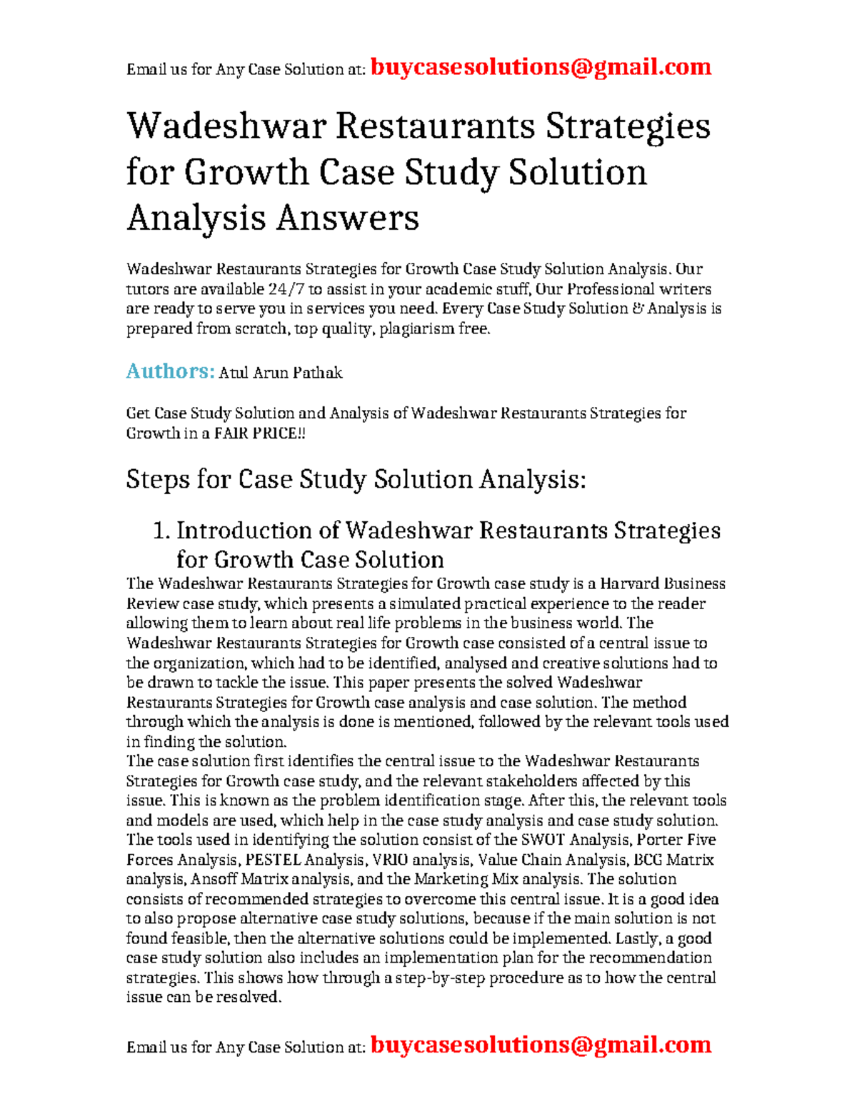 Case Solution Wadeshwar Restaurants Strategies for Growth - Wadeshwar Restaurants Strategies for ...