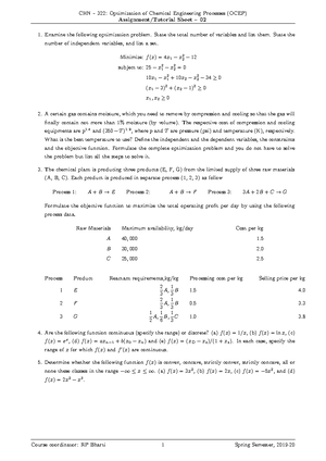 CHN 322 Sheet 03 - CHN – 322: Optimization of Chemical Engineering Processes (OCEP) - Studocu