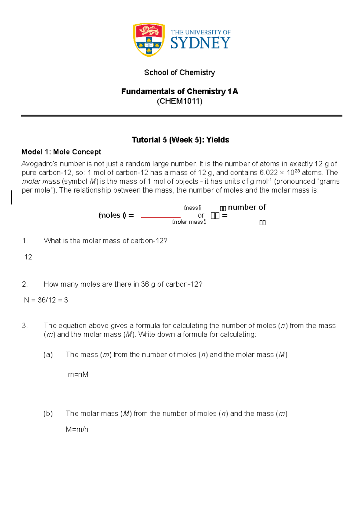 Tutorial 05 - School of Chemistry Fundamentals of Chemistry 1A (CHEM1011) Tutorial 5 (Week 5 ...