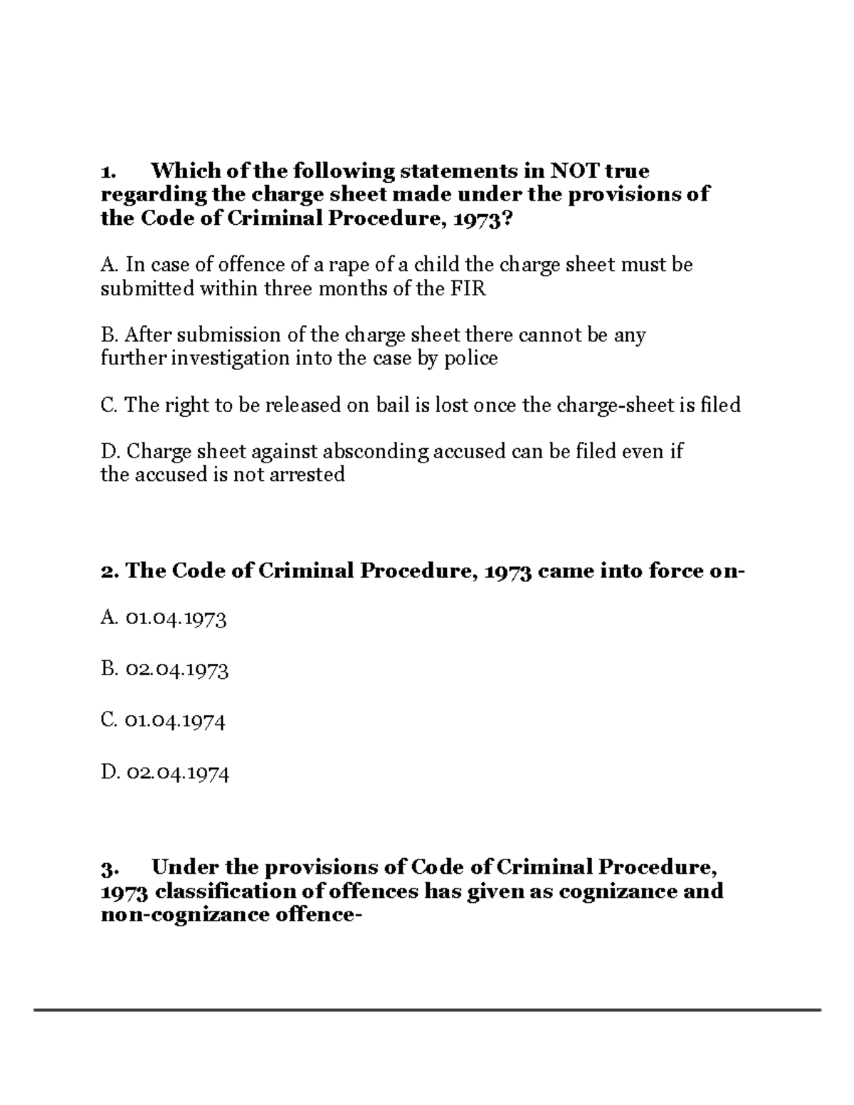 Cr PC - Crpc mcq - 1 the charge sheet made under the provisions of Which of the following ...