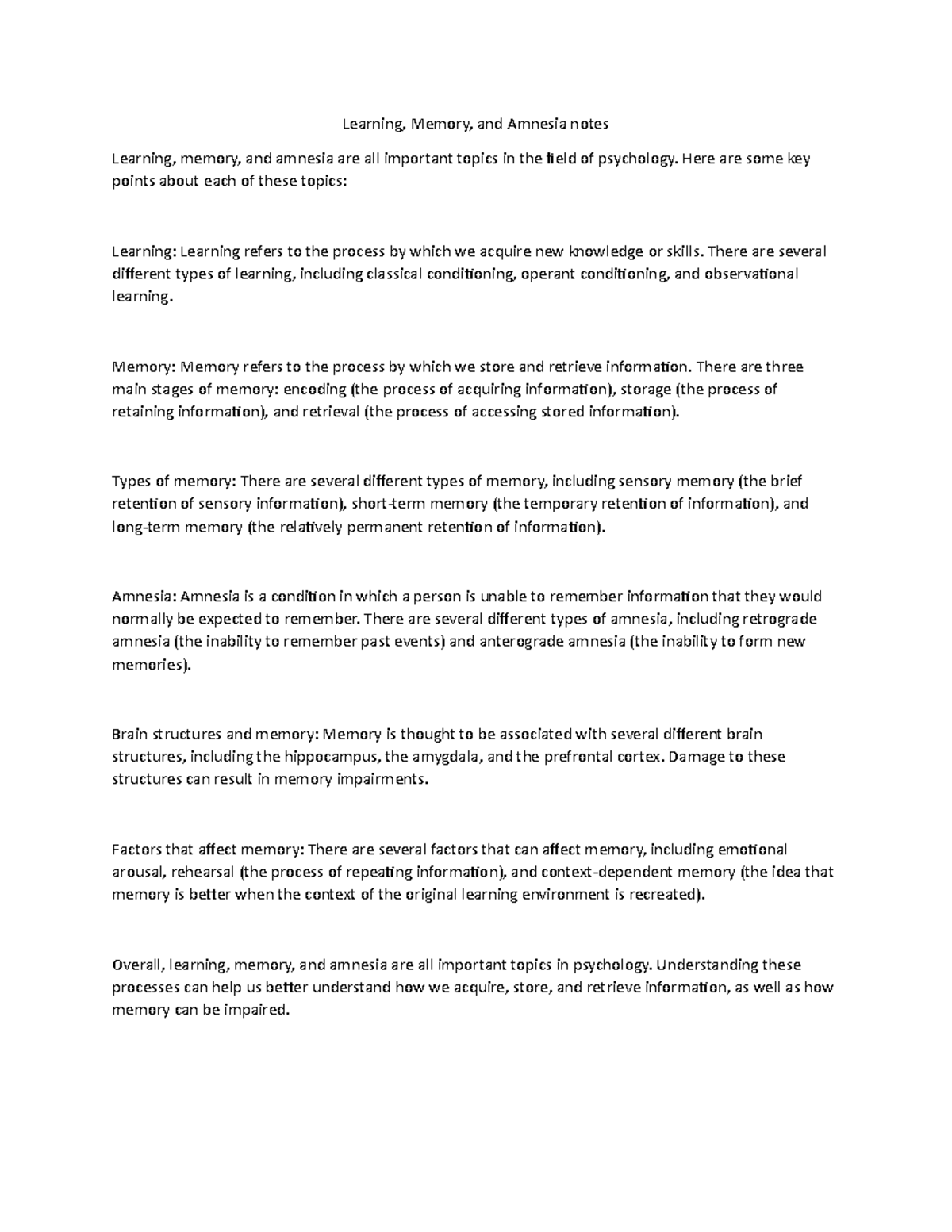 Learning Memory And Amnesia Notes Learning Memory And Amnesia Notes Learning Memory And