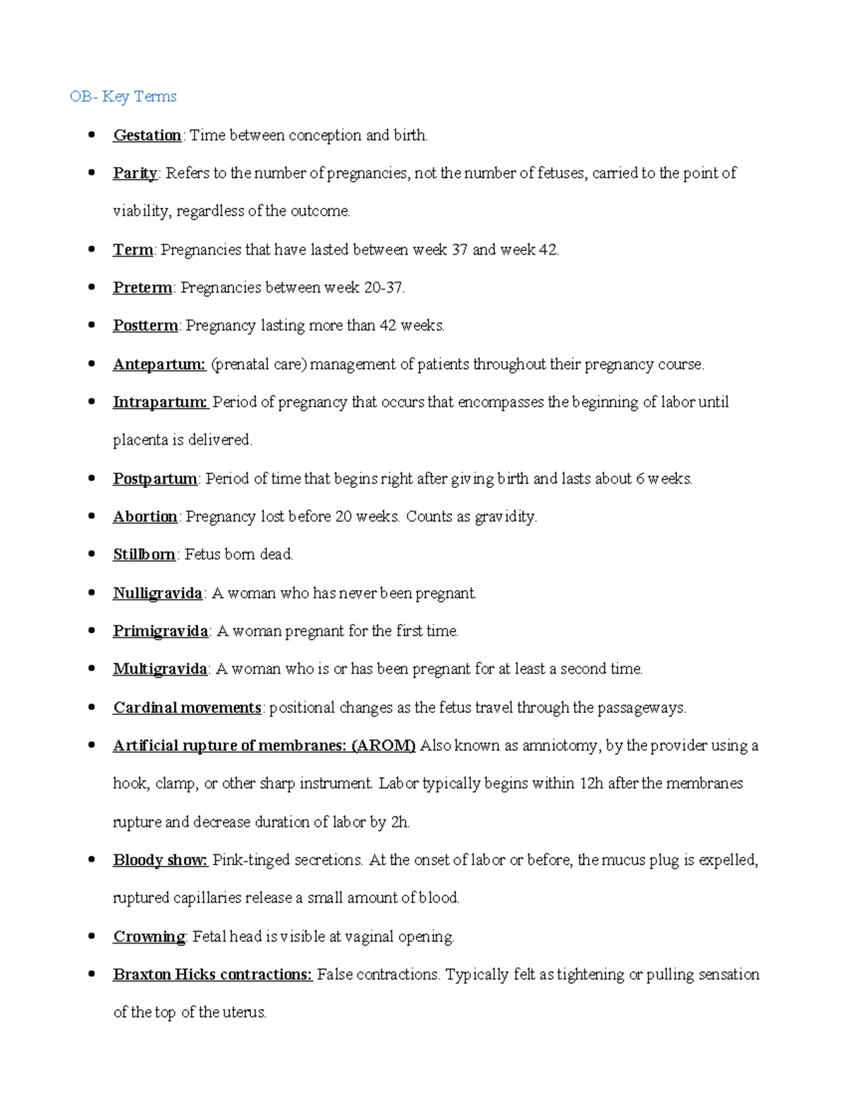 Key terms assingment - Assignment - OB- Key Terms Gestation: Time ...