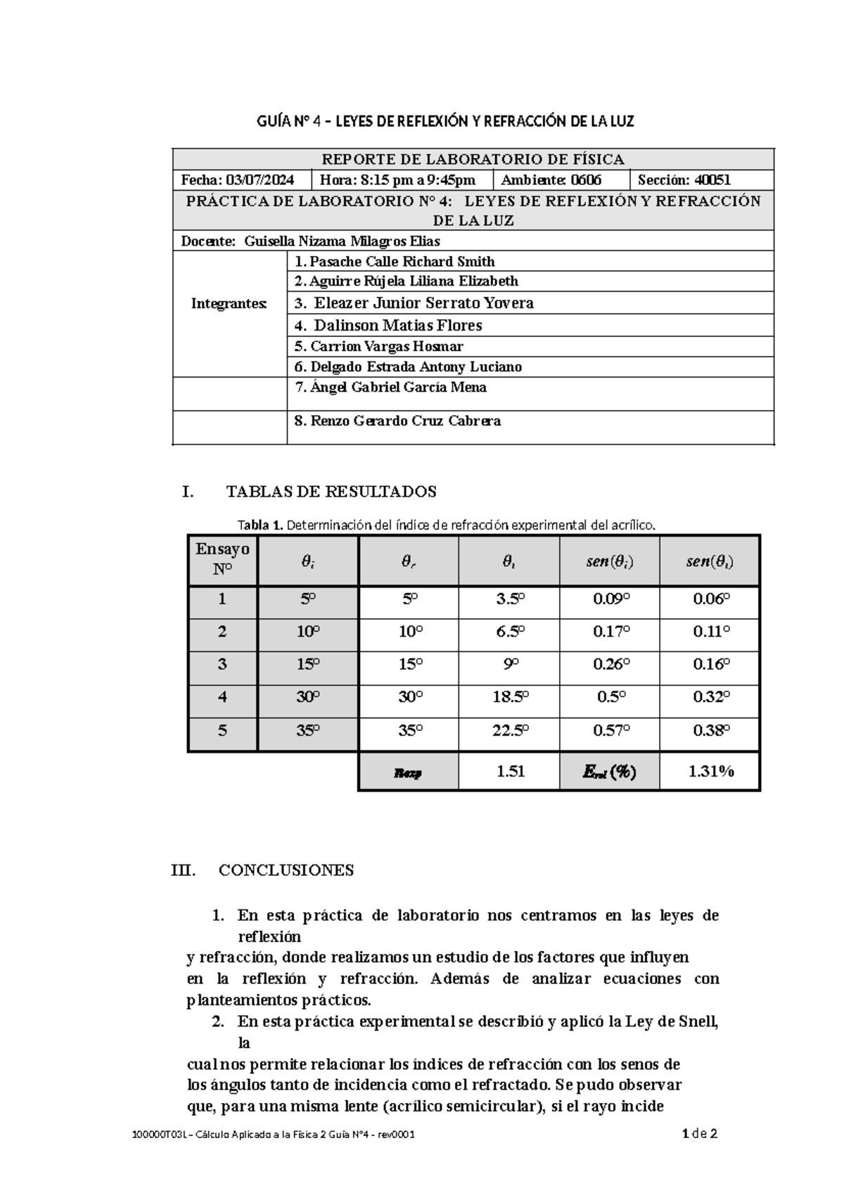 Laboratorio 4 Semana 15 - GUÍA N° 4 – LEYES DE REFLEXIÓN Y REFRACCIÓN DE LA LUZ REPORTE DE - Studocu
