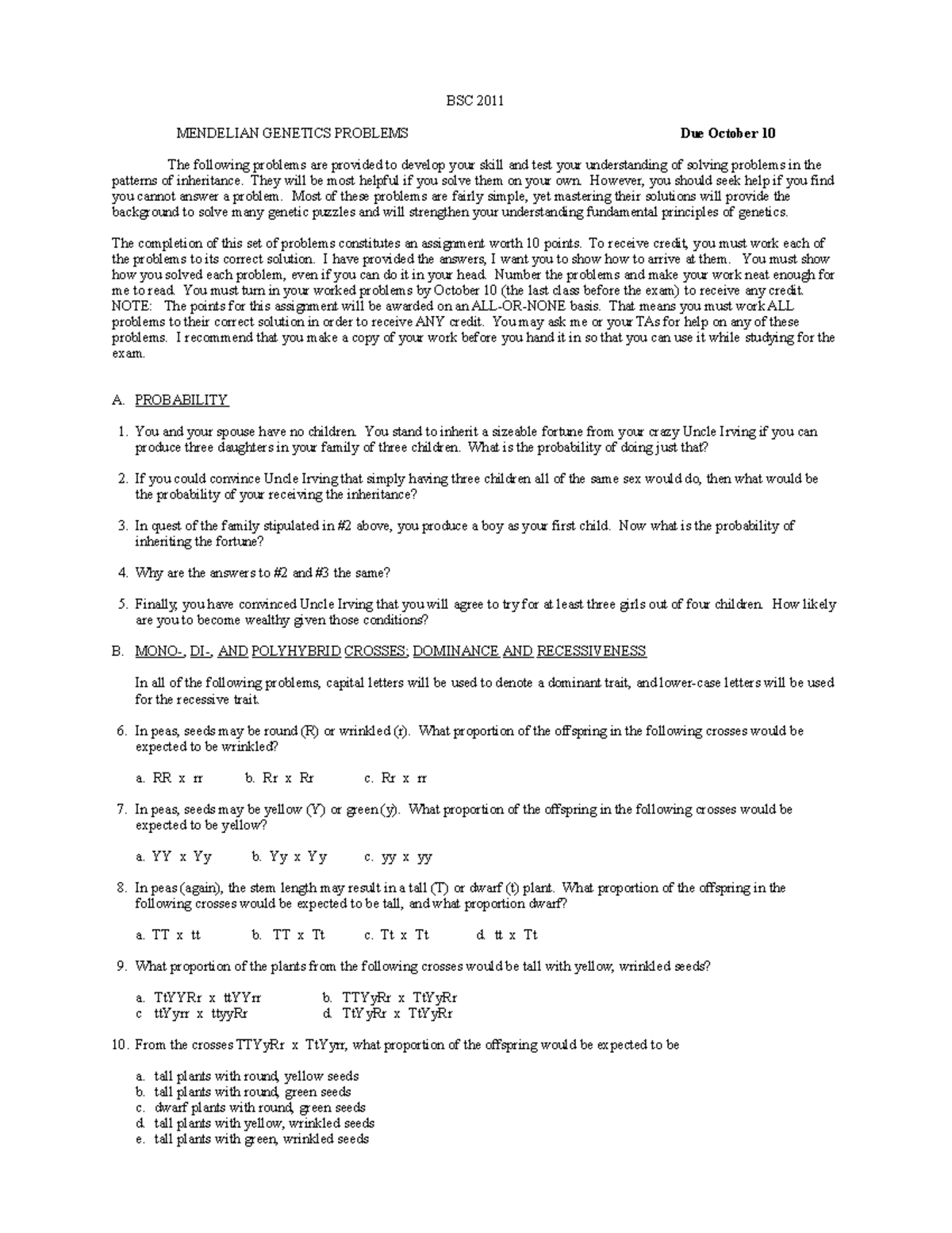 Mend probs - Genetic Problems - BSC 2011 MENDELIAN GENETICS PROBLEMS ...