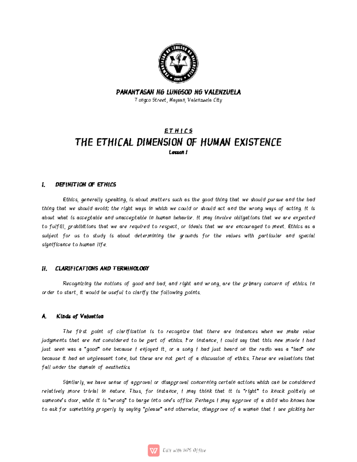 Lesson 1 The Ethical Dimension of Human Existence - PAMAN - Studocu