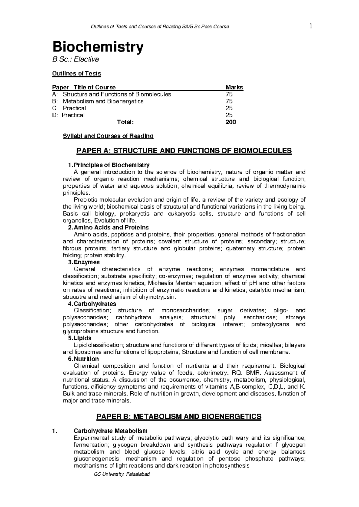 Biochemistry - Outlines of Tests and Courses of Reading BA/B Sc Pass ...