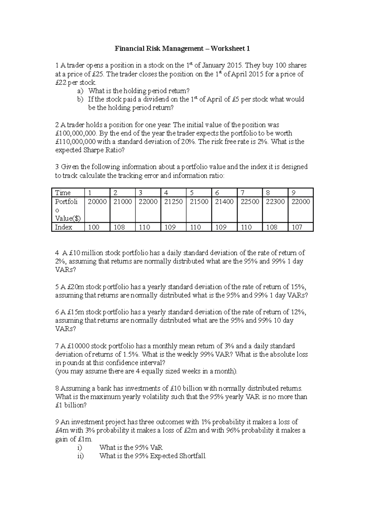 Financial risk management worksheet 1 - MN2101 - Leicester - Studocu