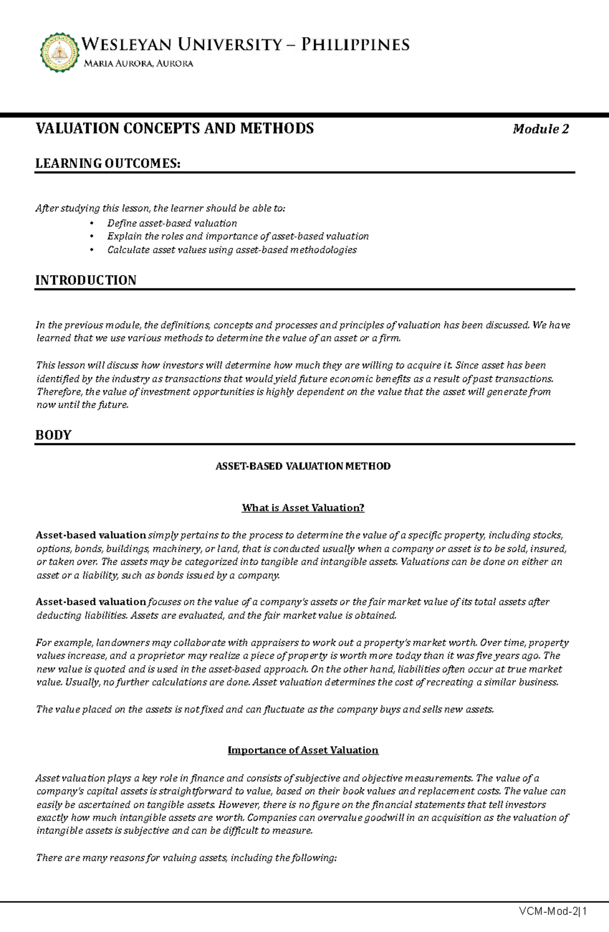 Module 2 VCM - VCM - VALUATION CONCEPTS AND METHODS Module 2 LEARNING ...