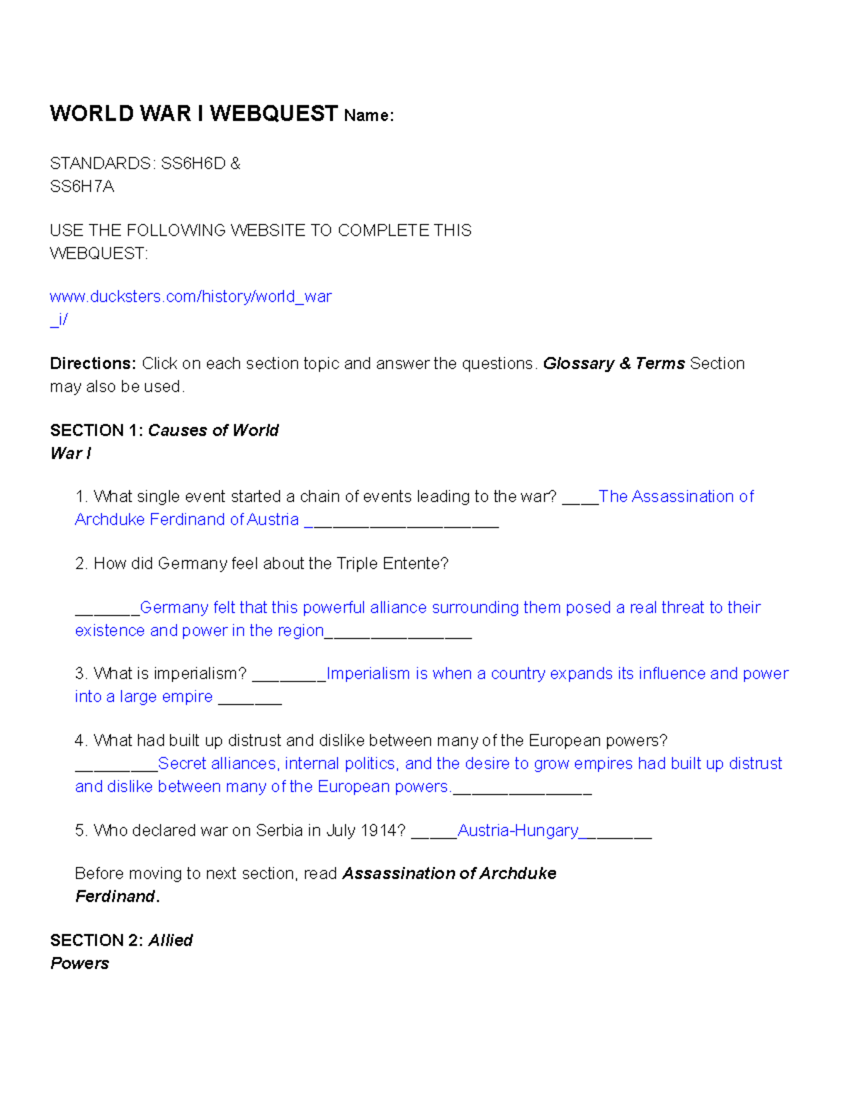 Alex's copy of the webquest - WORLD WAR I WEBQUESTName: STANDARDS ...