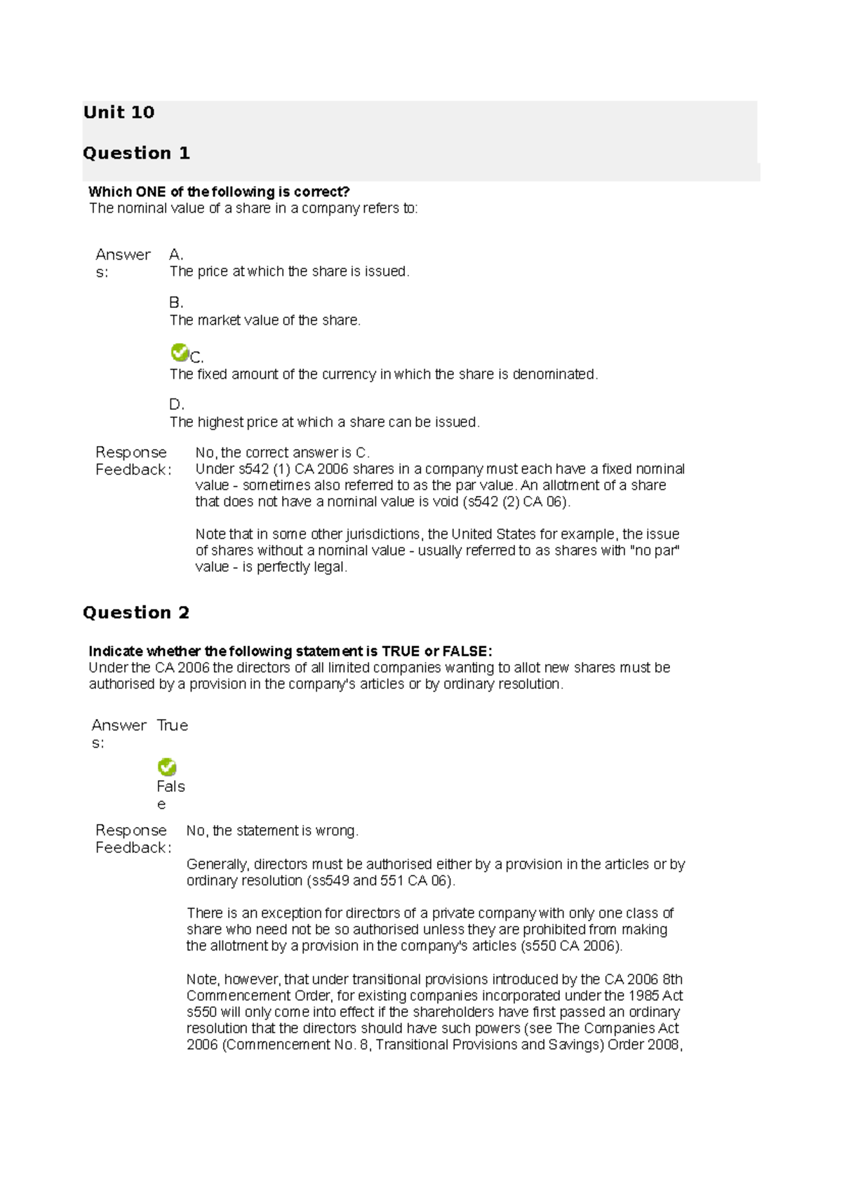 Business MCQ's - Unit 10 Question 1 Which ONE of the following is ...
