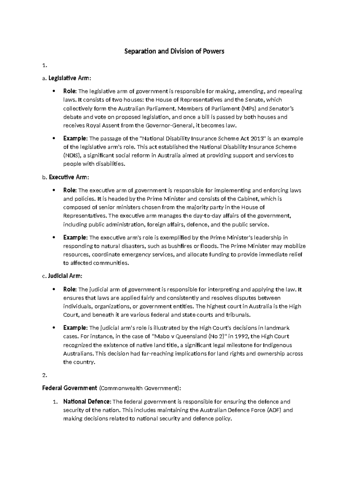 Separation and Division of Powers - a. Legislative Arm: Role: The ...
