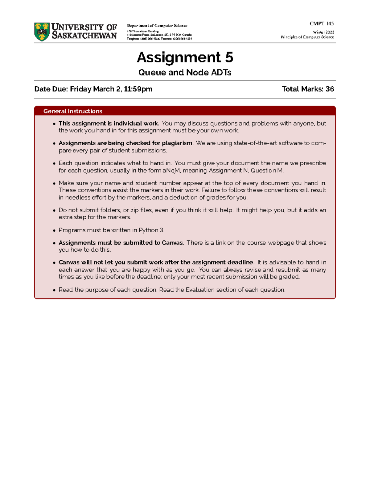 Assignment 5 of CMPT 145 - Department of Computer Science 176 ...