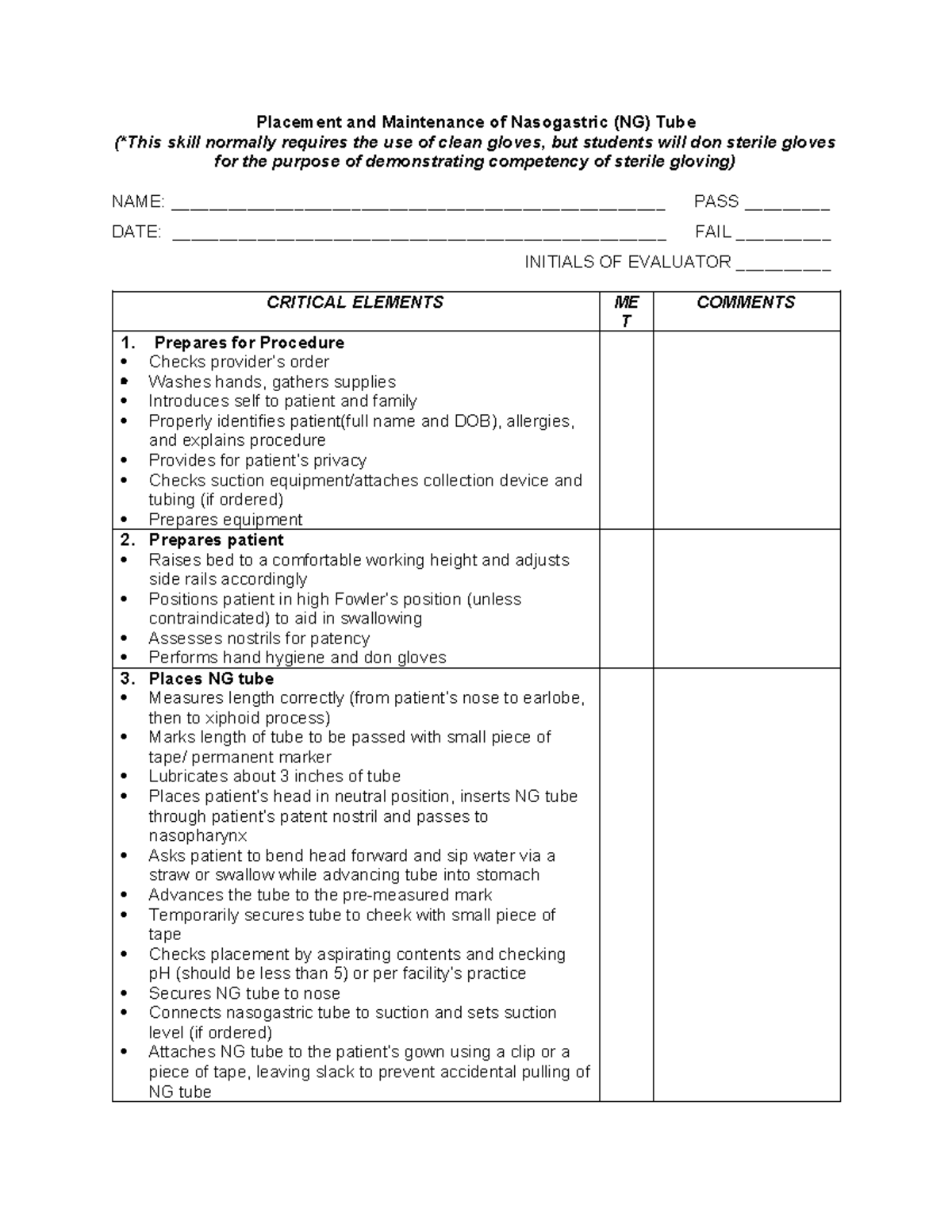 Nasogastric Tube Major Skills Check Off - Placement and Maintenance of ...
