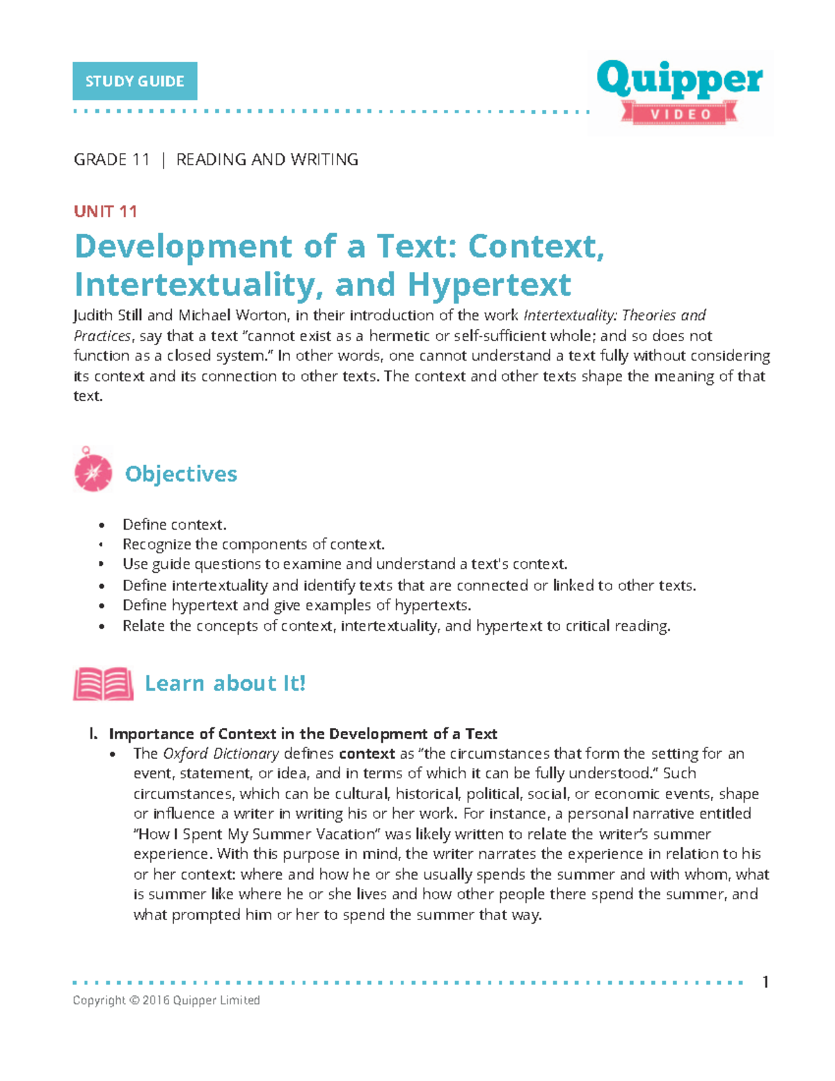 Development of a Text Context Intertextuality and Hypertextuality - 1 GRADE 11 | READING AND ...