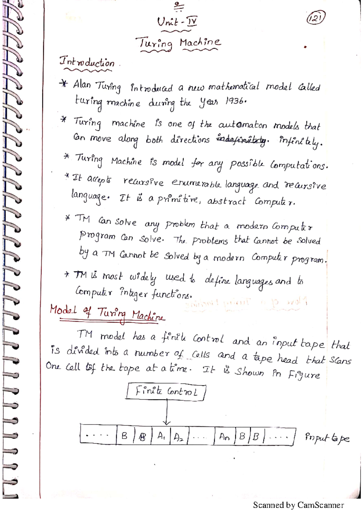 Toc unit4 - Handwritten fla notes - 2 Unit IV 121 Turing Machine ...
