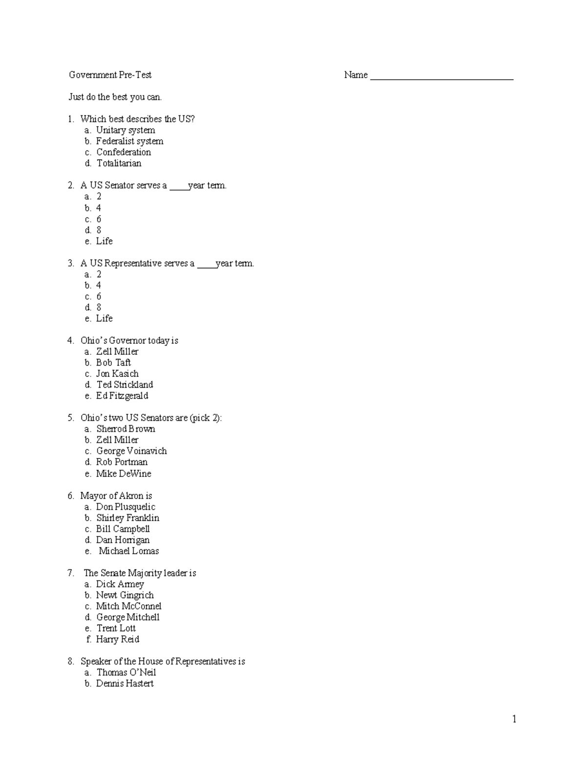 Government Pre Test-1 - Government Pre-Test Name ...