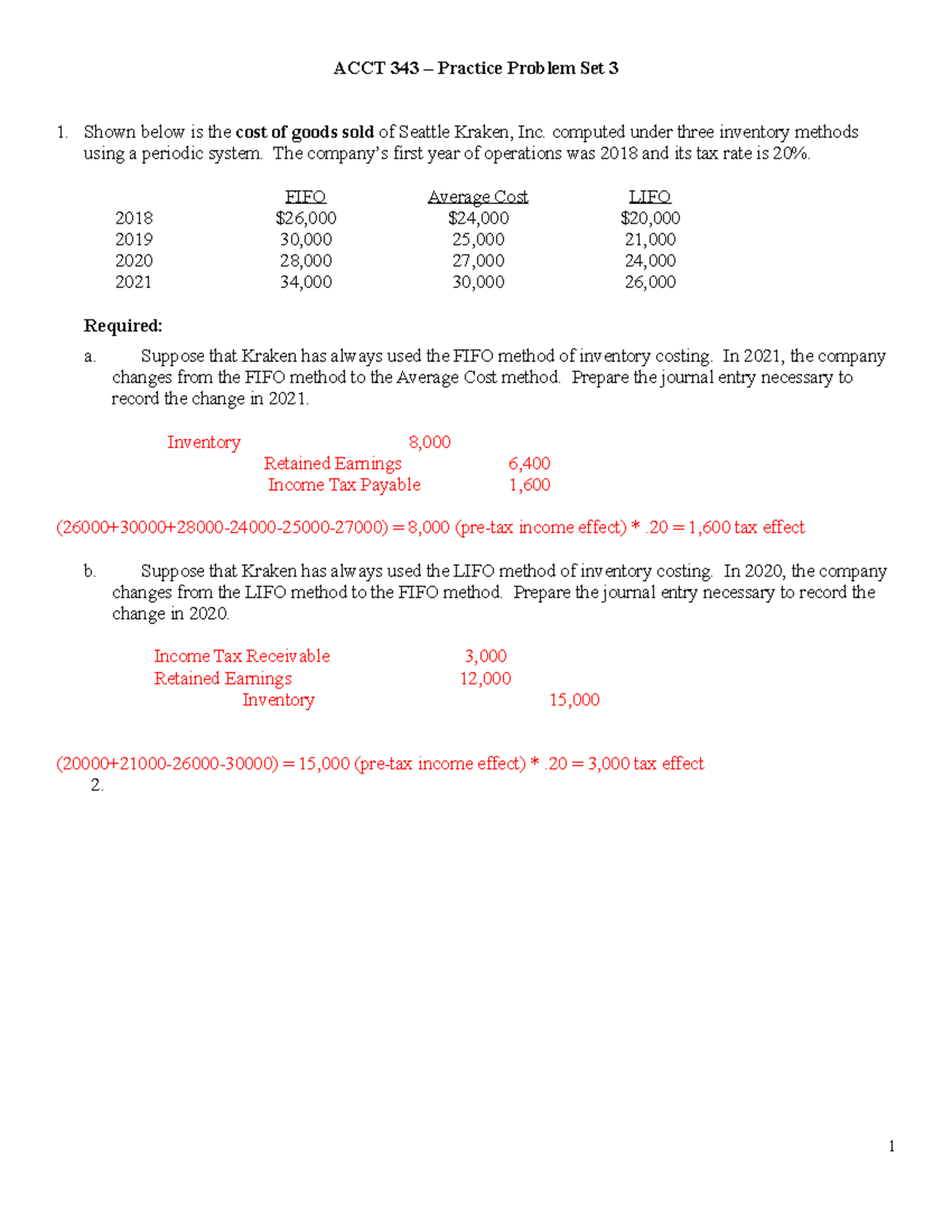 343Prob Set 3-solution - ACCT 343 – Practice Problem Set 3 Shown below ...