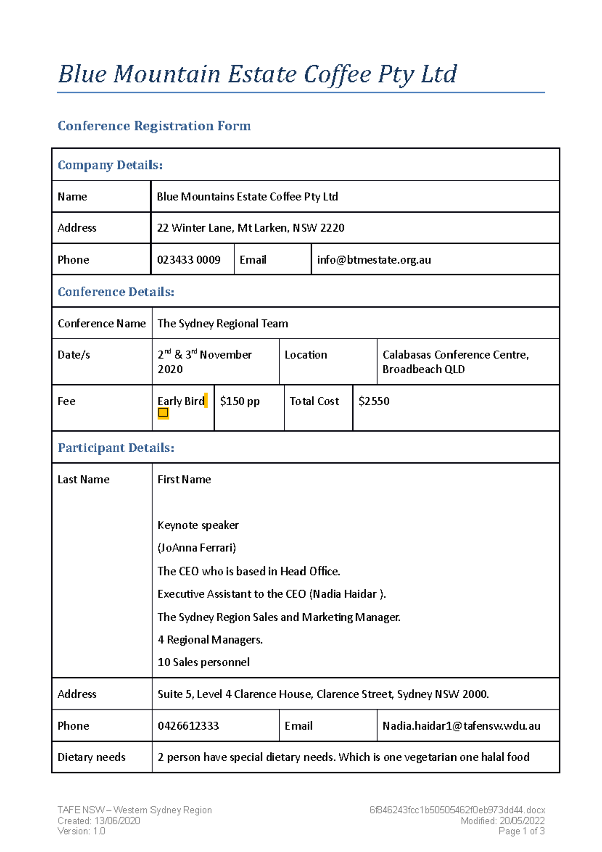 Blue Mountain estate Coffee Conference Registration Form - Blue ...