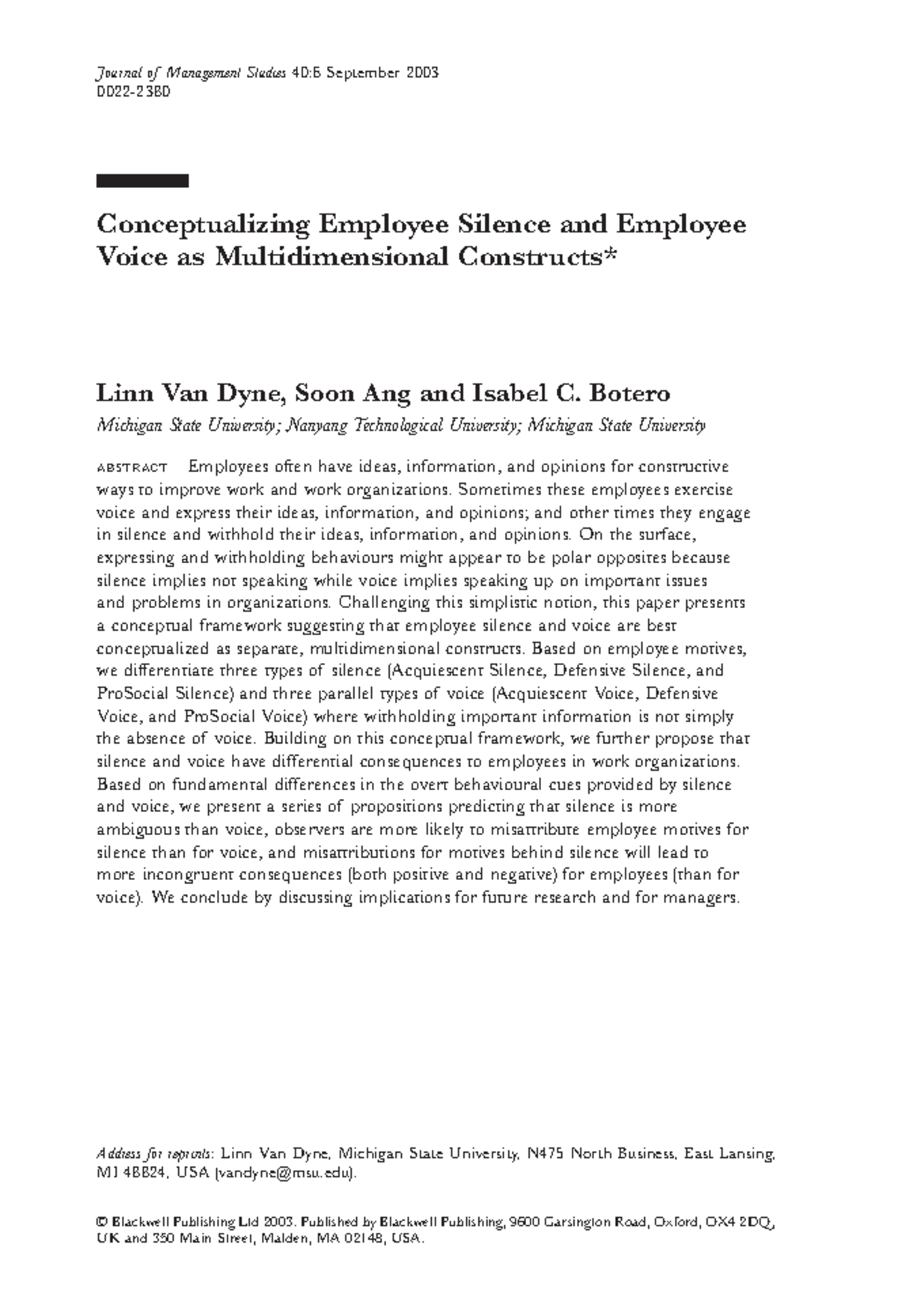 J Management Studies - 2003 - Dyne - Conceptualizing Employee Silence ...