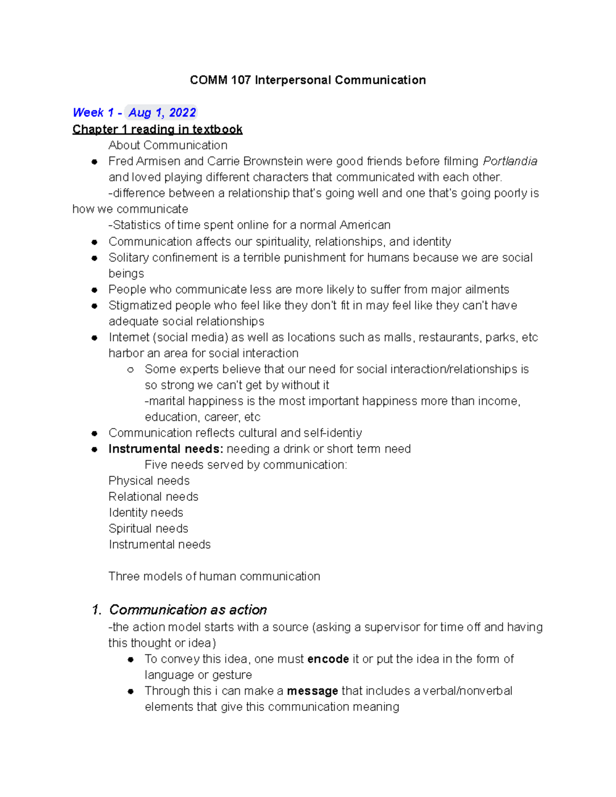 COMM 107 Interpersonal - COMM 107 Interpersonal Communication Week 1 - Aug 1, 2022 Chapter 1 ...