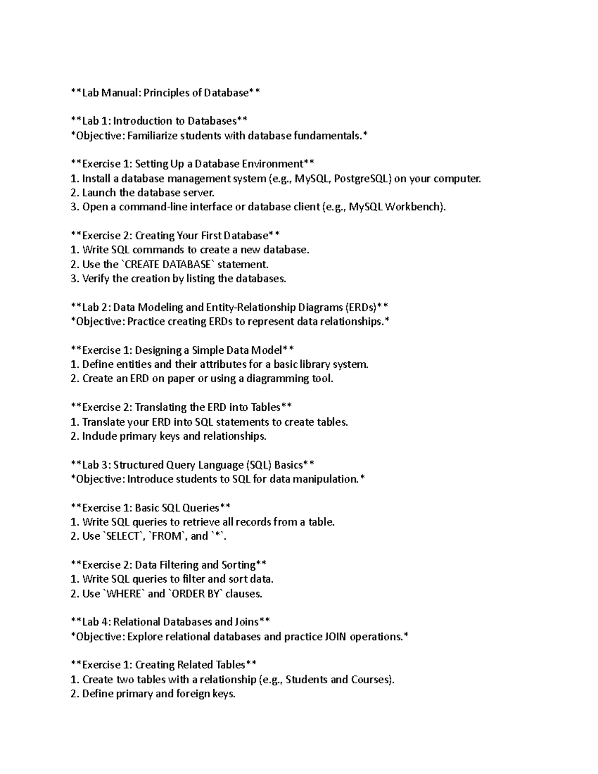 Labs outline - Lab Manual: Principles of Database Lab 1: Introduction to Databases Objective ...