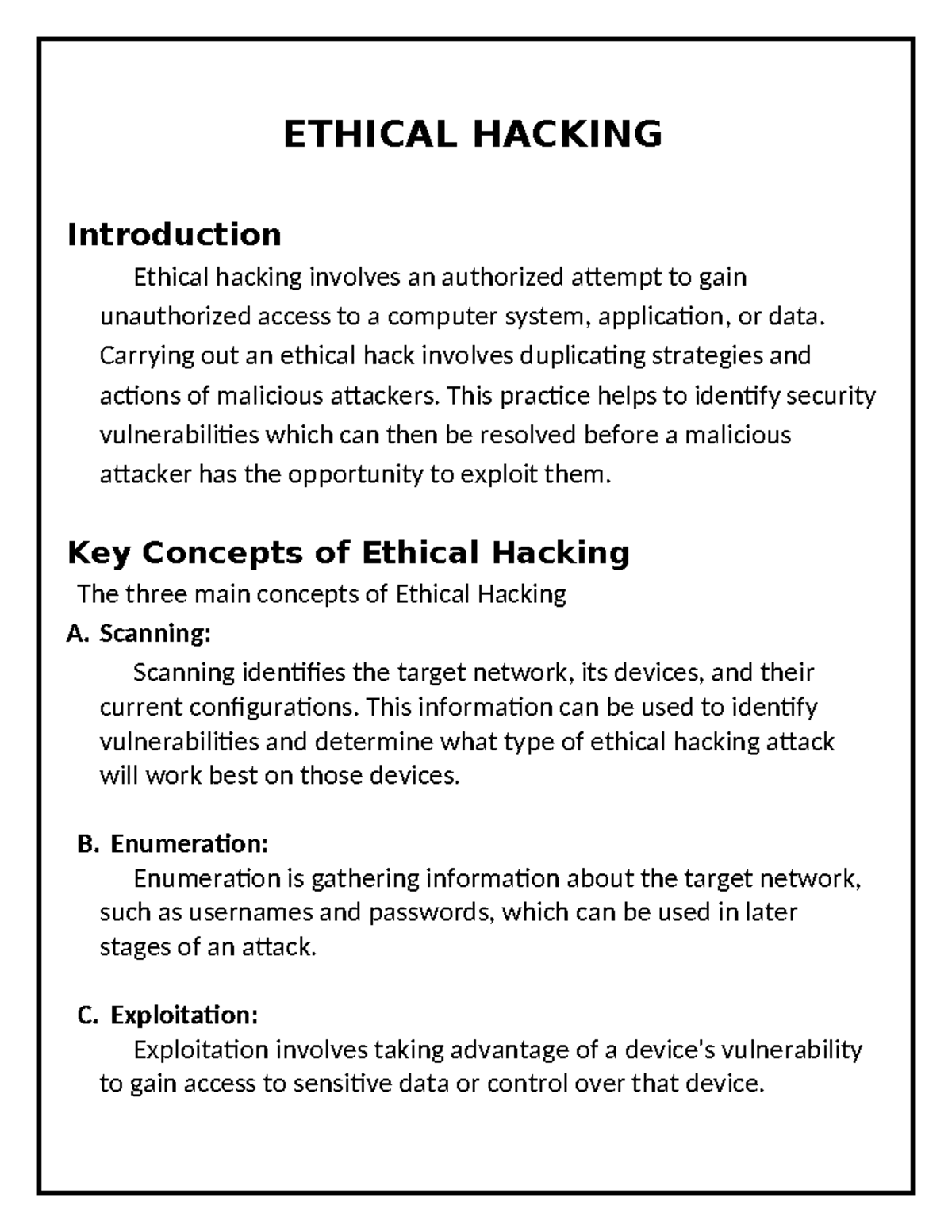 EH - Notes - ETHICAL HACKING Introduction Ethical hacking involves an ...
