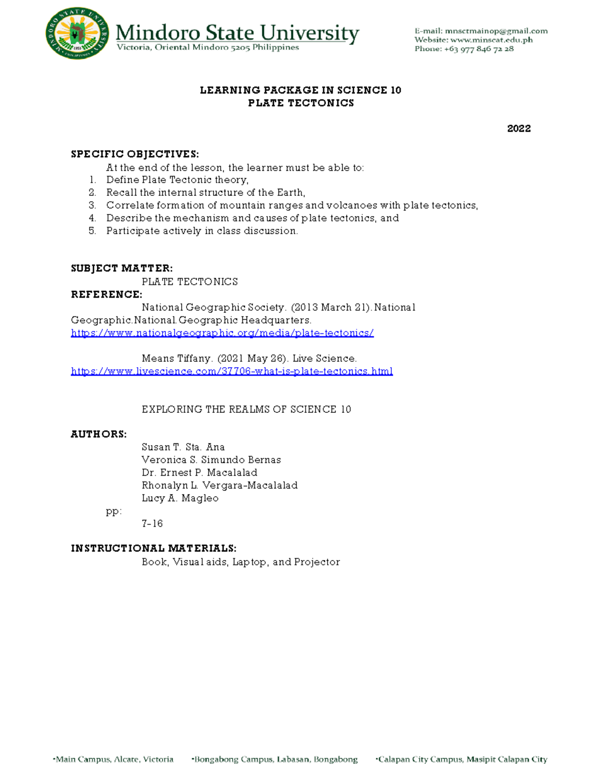 DEMO - Demo Lesson Plan - LEARNING PACKAGE IN SCIENCE 10 PLATE ...