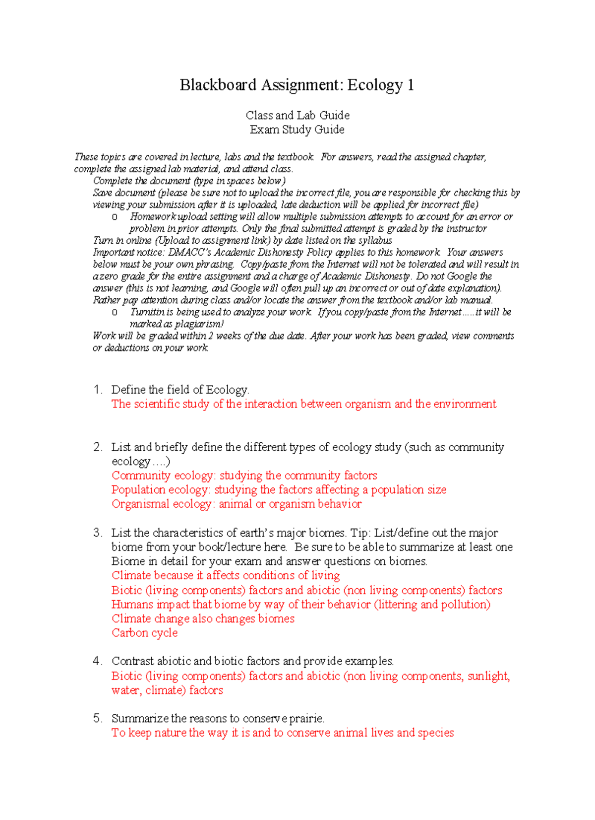 BIO104 Ecology Blackboard Assignment - Blackboard Assignment: Ecology 1 ...