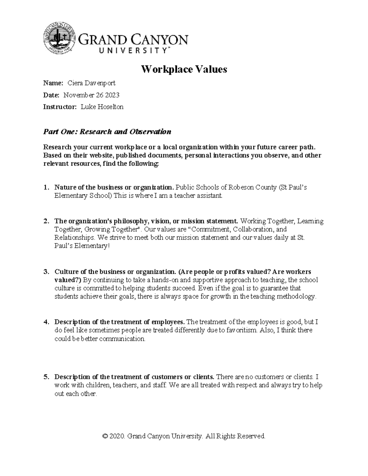 Workplace Values - Template - Workplace Values Name: Ciera Davenport ...