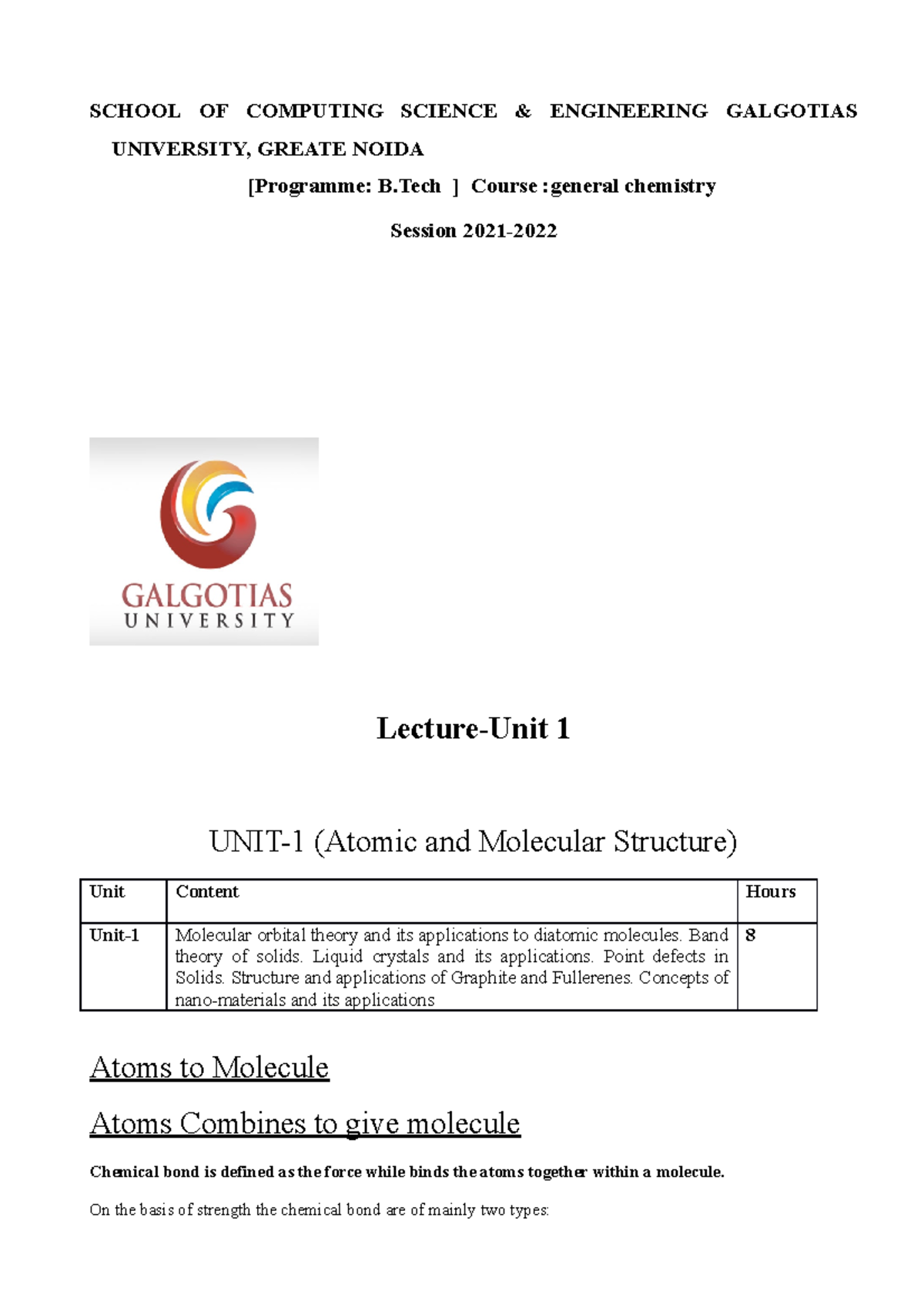 Module-1 General chemistry - SCHOOL OF COMPUTING SCIENCE & ENGINEERING ...