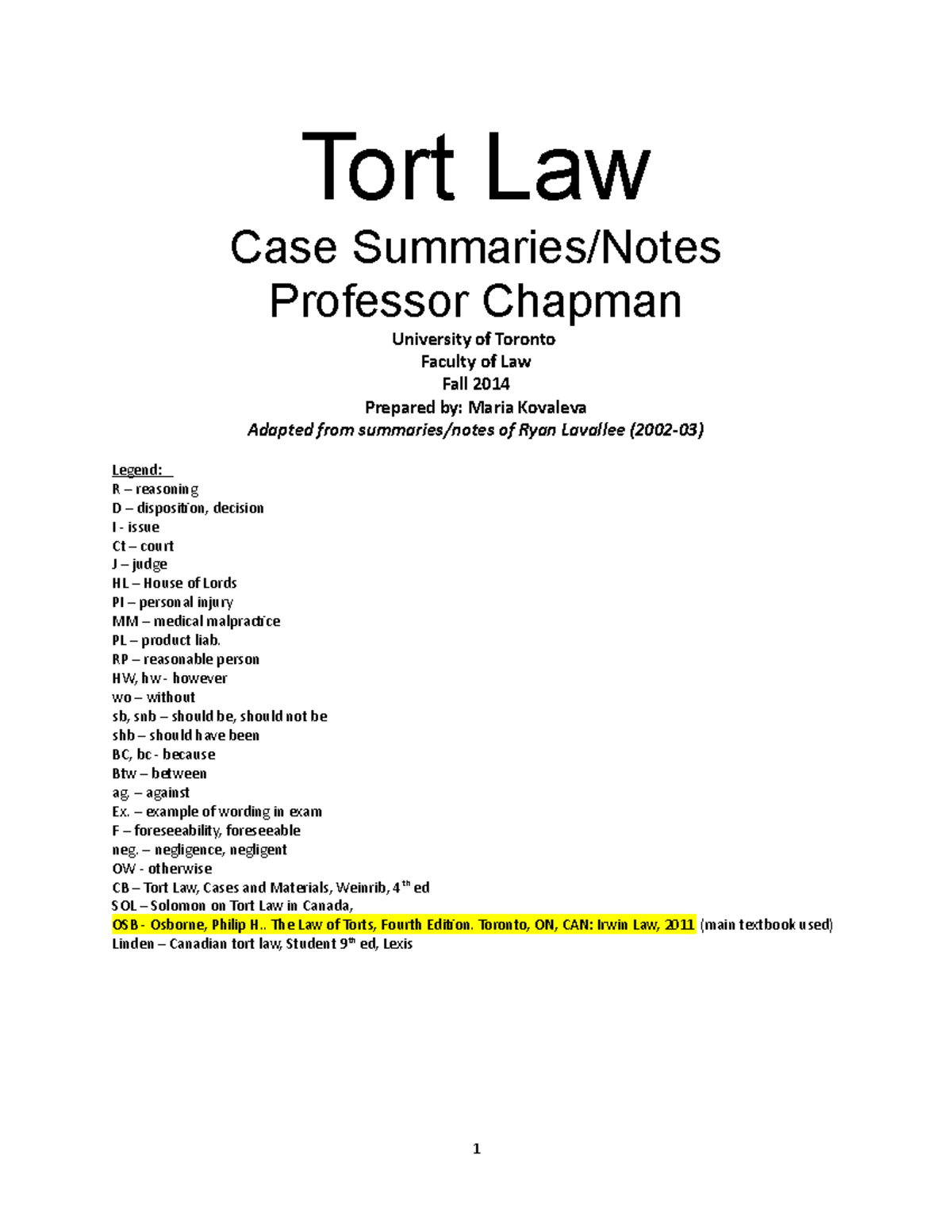 Torts Chapman - Fall2014 - Case Summaries and Notes - MKovaleva - Tort ...