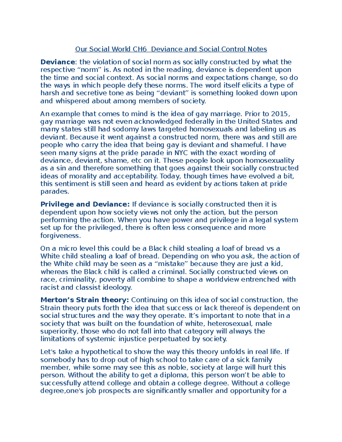 Our Social World CH6 Deviance and Social Control Notes - As noted in ...