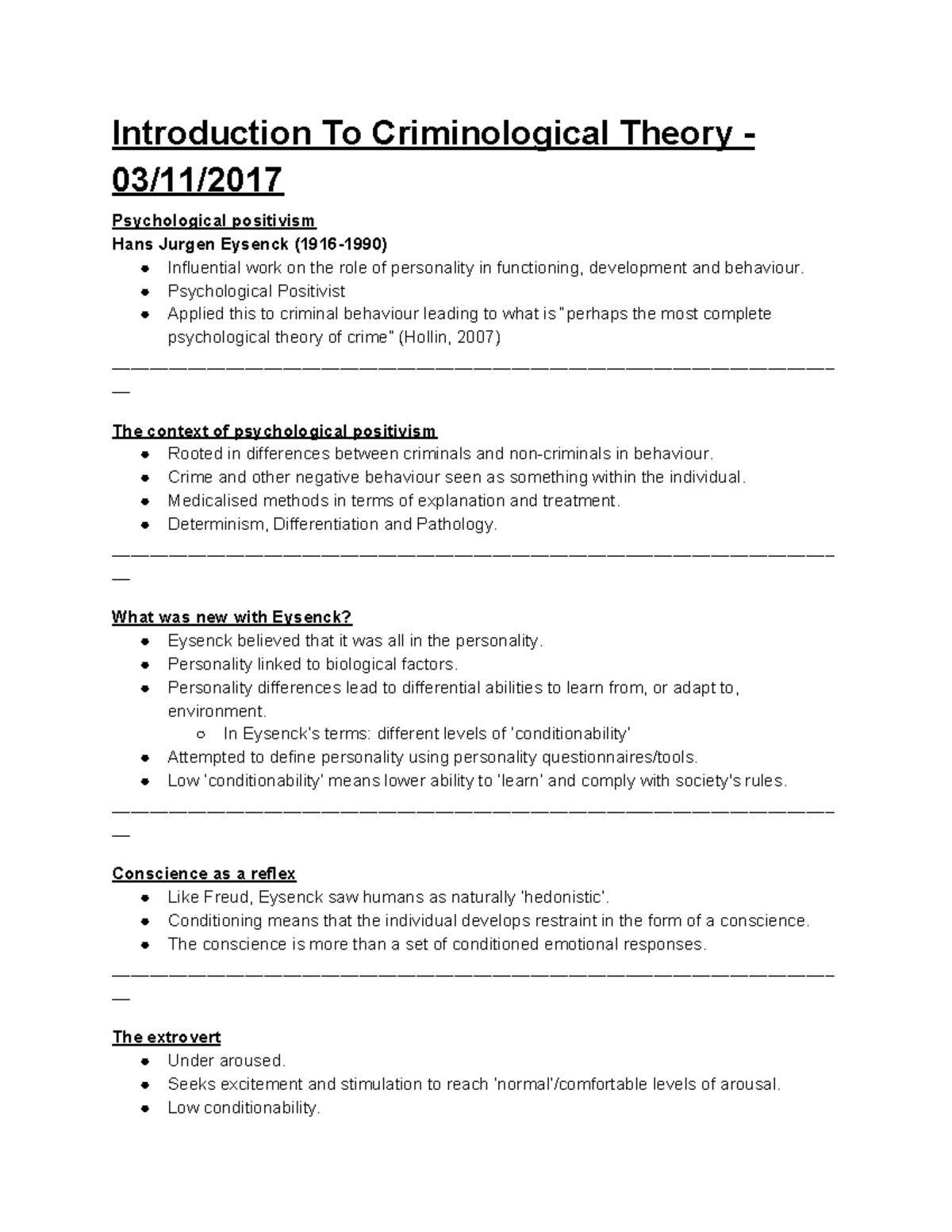 Criminological Theory Lecture 5 - Psychological Positivism continued ...