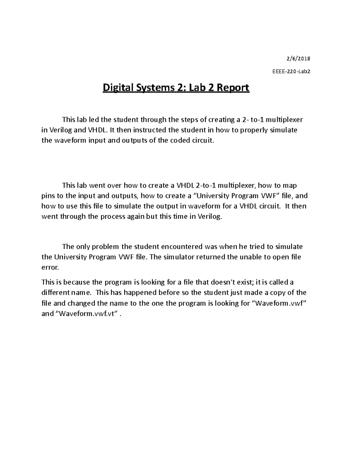 Digital systems 2 lab 2 report - 2/6/2018 EEEE-220-Lab2 Digital Systems ...