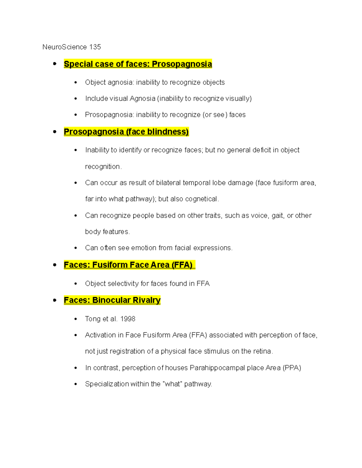 Psc 135 day 14 - special case of faces, and FFA - NeuroScience 135 ...