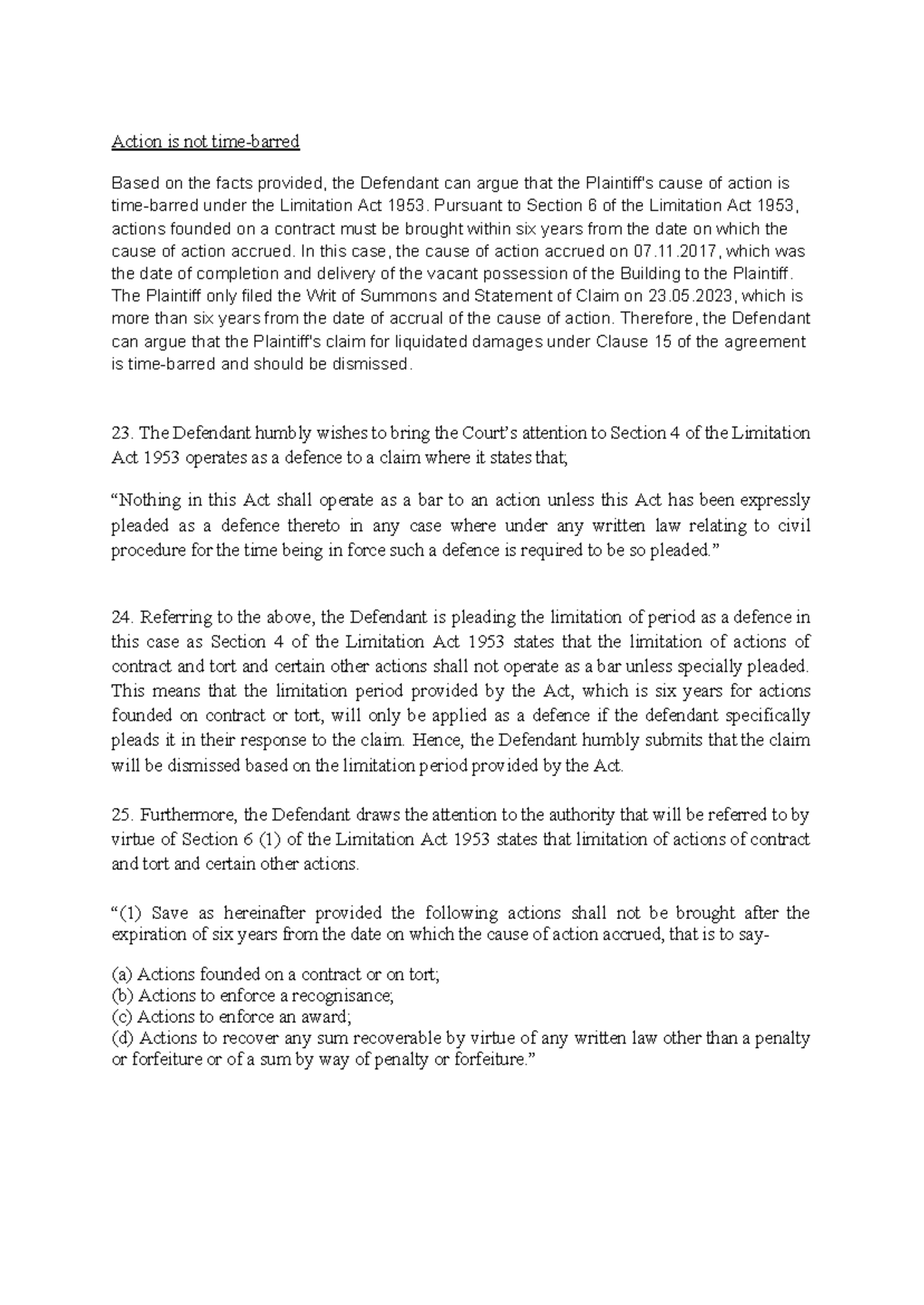 Civil submission - Action is not time-barred Based on the facts ...